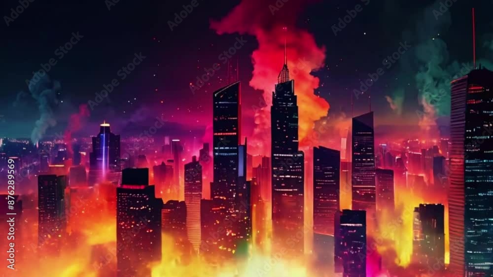 bustling cityscape, use color smoke and glitter ink swirls to create a ...