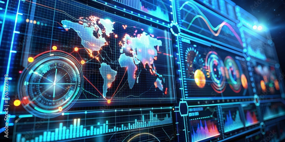 Global Network Monitoring System World Map With Digital Interface