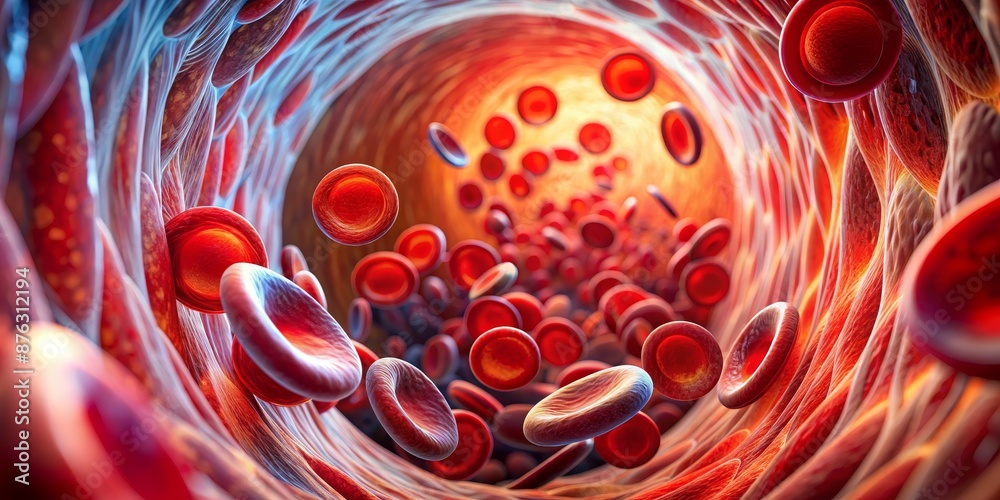 ภาพประกอบสต็อก Red Blood Cells Flowing Through a Vein, 3D render ...