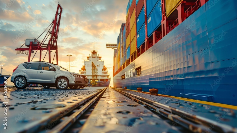 A close-up of a vehicle carrier vessel loading cars for global shipping ...