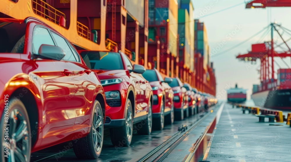 A close-up of a vehicle carrier vessel loading cars for global shipping ...