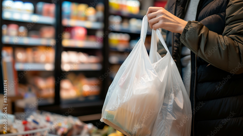 A person refusing a plastic bag at a checkout counter, holding reusable ...