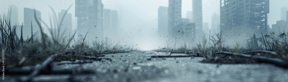 An eerie ruined cityscape with crumbling skyscrapers and overgrown ...