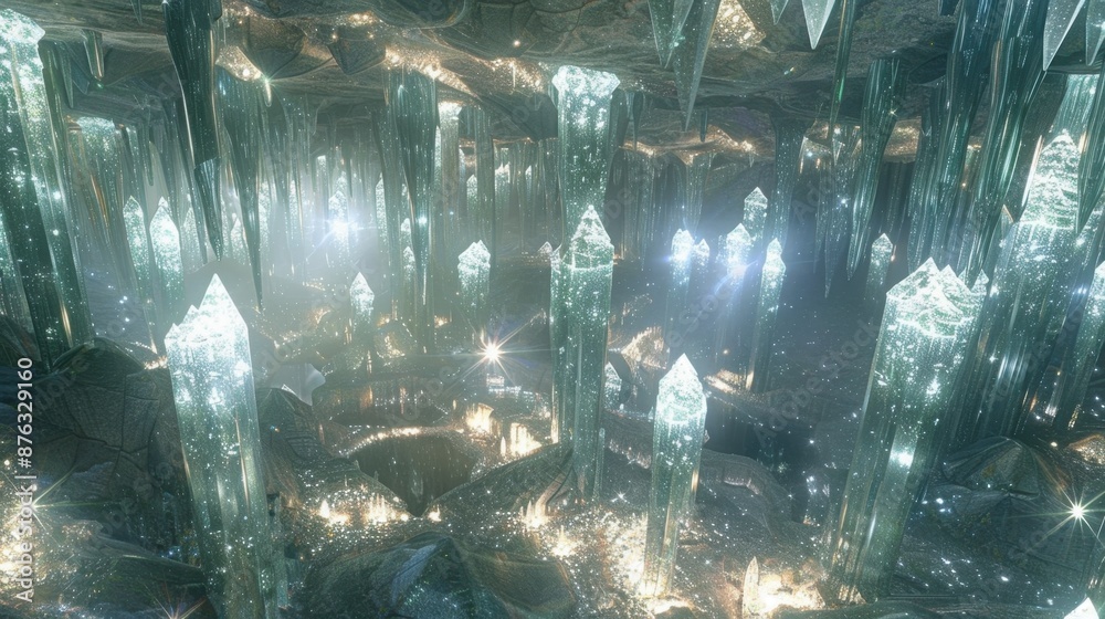 Crystalline structures form a vast cavern, with light refracting ...