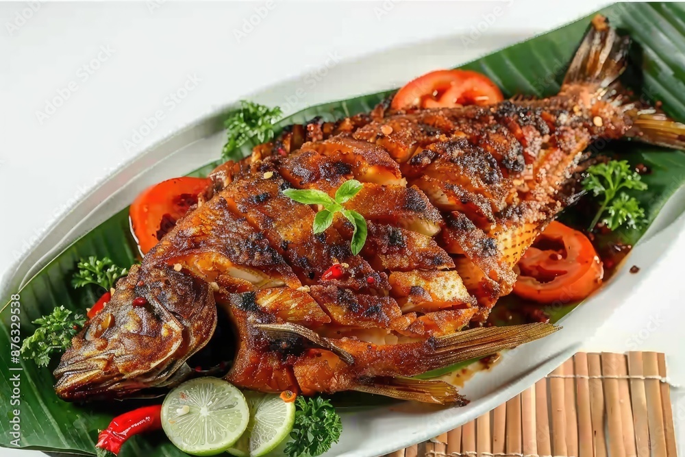 roasted ikan bakar masala fish served in tray pon white background ...