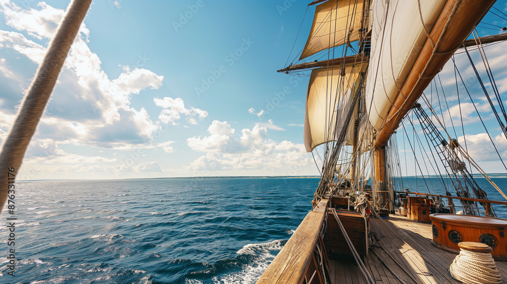 Sailing ship sailing in the sea, sunny weather, doldrums in the ocean ...
