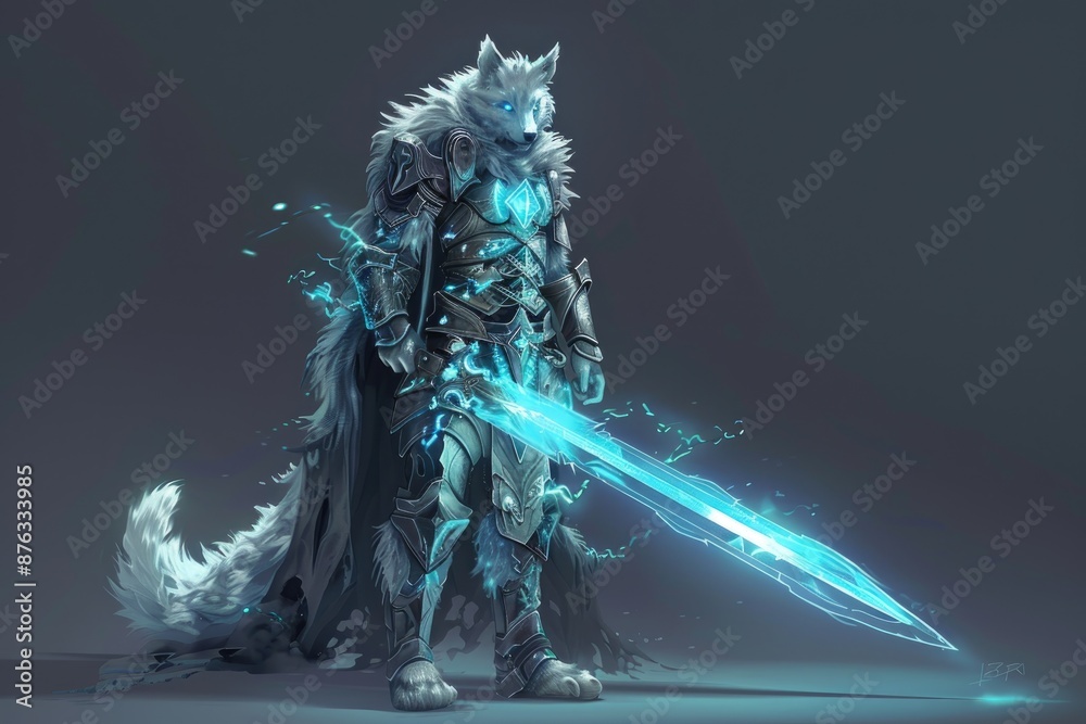 3D character wolf man glowing light blue tattoos, wolf ears and tail ...
