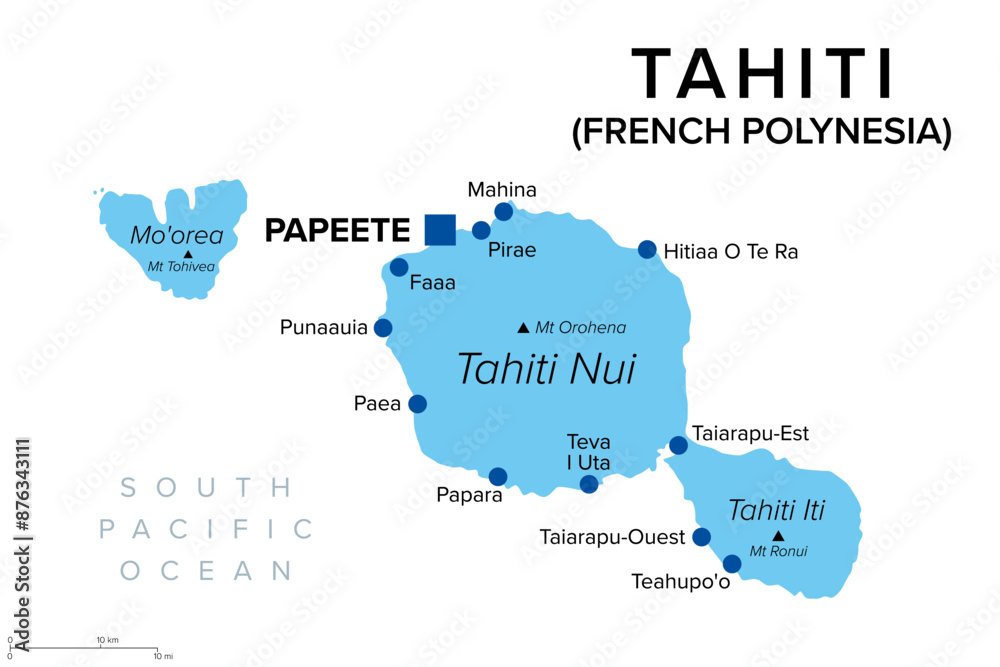 Tahiti, French Polynesia, political map. Largest island of the Windward ...