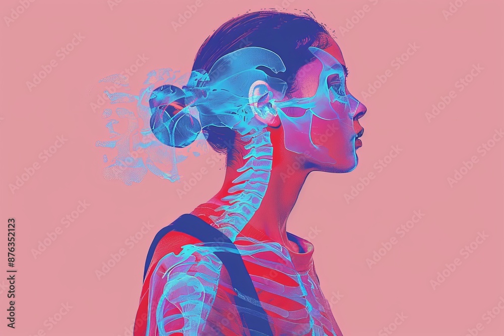 Profile of woman with X-ray overlay highlighting skeletal structure ...