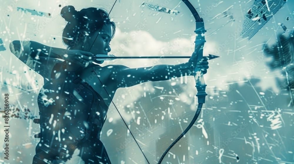 Dynamic and double exposure image featuring archery elements like a bow ...