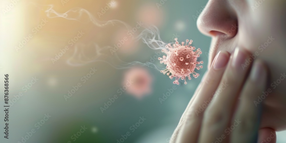 A close-up of a person coughing into their elbow, with a single virus ...