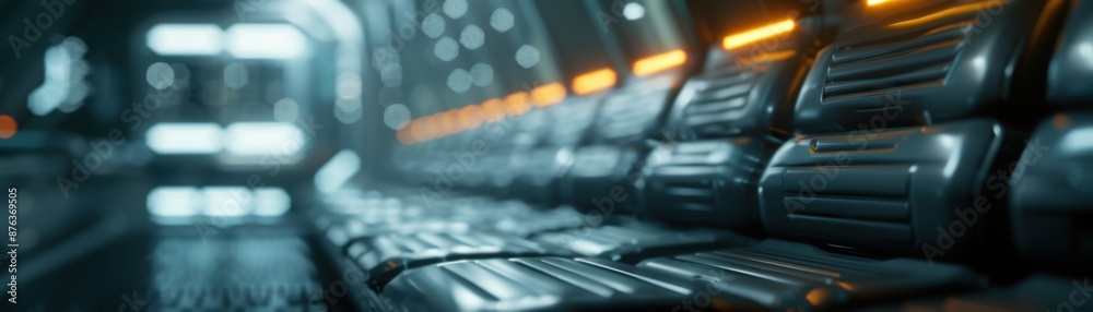 A dark and cramped spaceship escape pod with a single emergency seat ...