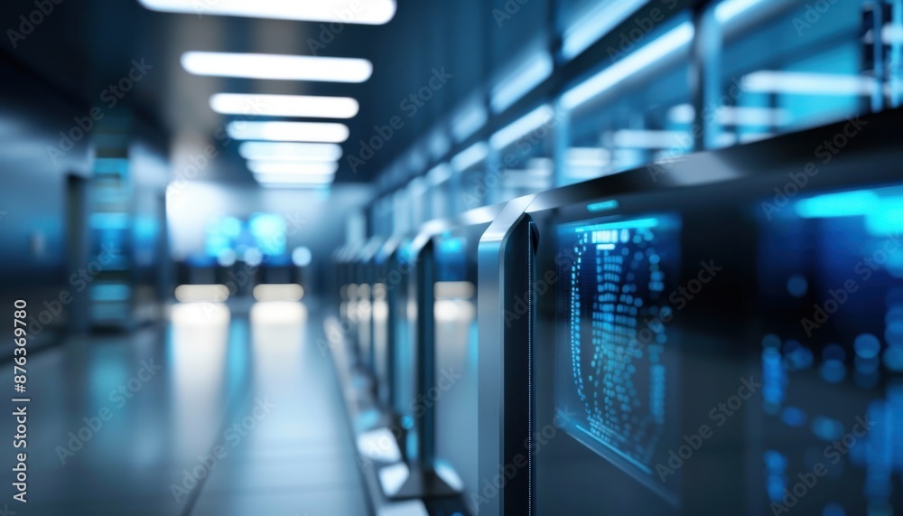 A futuristic airport security checkpoint with passengers using ...