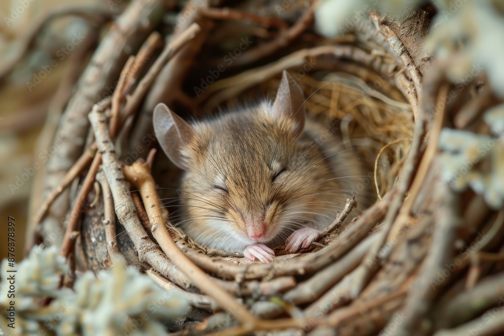 Funny little mouse sleeping in nest from dry grass Stock Photo | Adobe ...