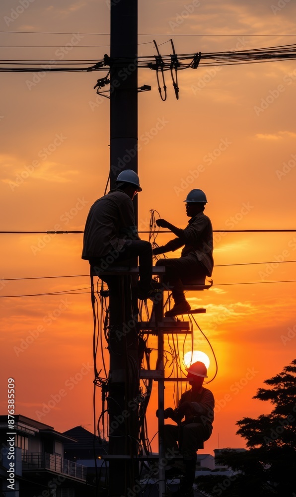 Dedicated effort - men working on electricity pole, skilled workers ...