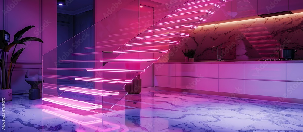 Minimalist L-shape floating neon stairs with RGB LED under-tread lights ...