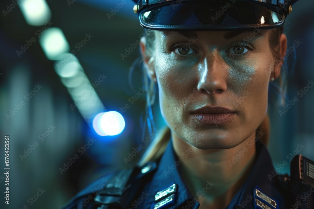 A sharp image of a law enforcement officer in full police uniform, with ...