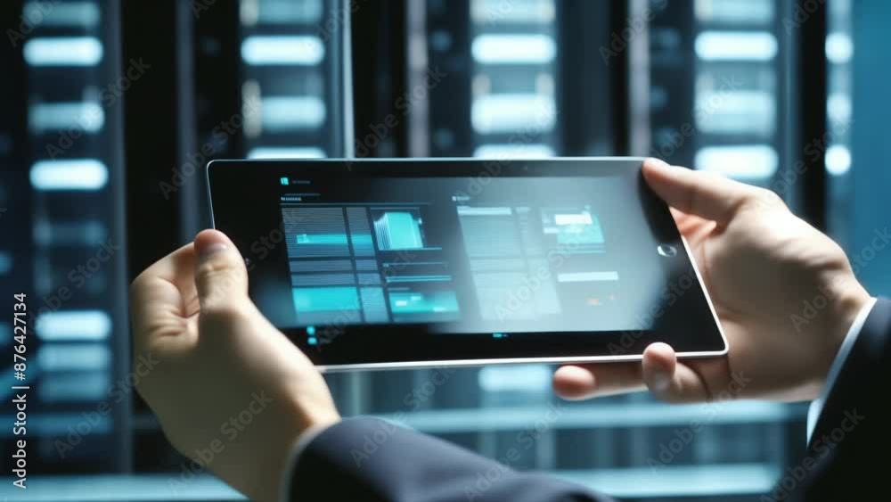 Tablet Displays Data In Server Room Cloud Computing Data Management