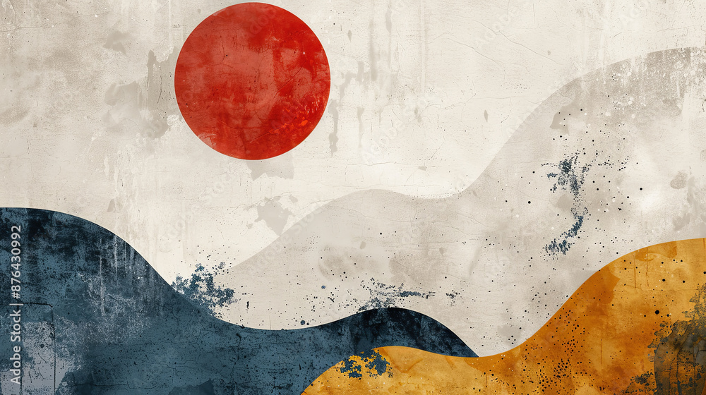 Abstract Minimalist Background with Red Sun, Blue and Yellow Shapes and ...