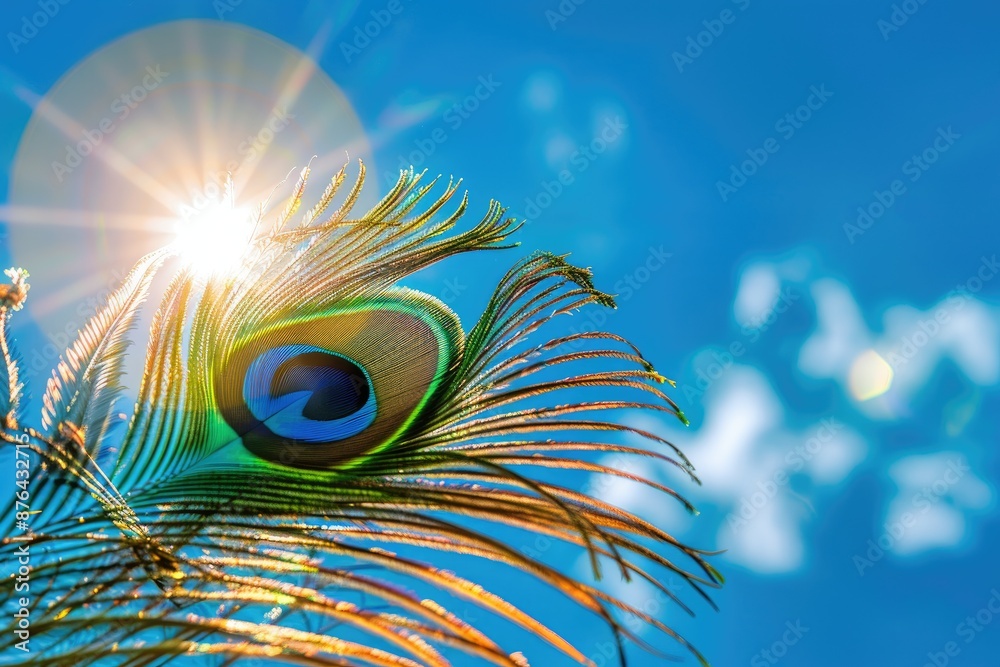 Peacock Feather with a Sun Behind It - A single peacock feather with ...