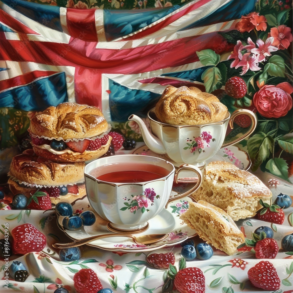 Afternoon Tea with a British Flag - A still life painting of a ...