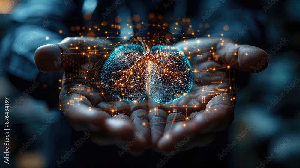 Digital 3D Lungs Held in Hands - A 3D digital model of human lungs is ...