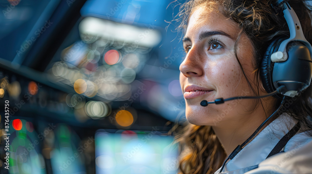 Confident Female Pilot in Airplane Cockpit Wearing Headset and Smiling ...