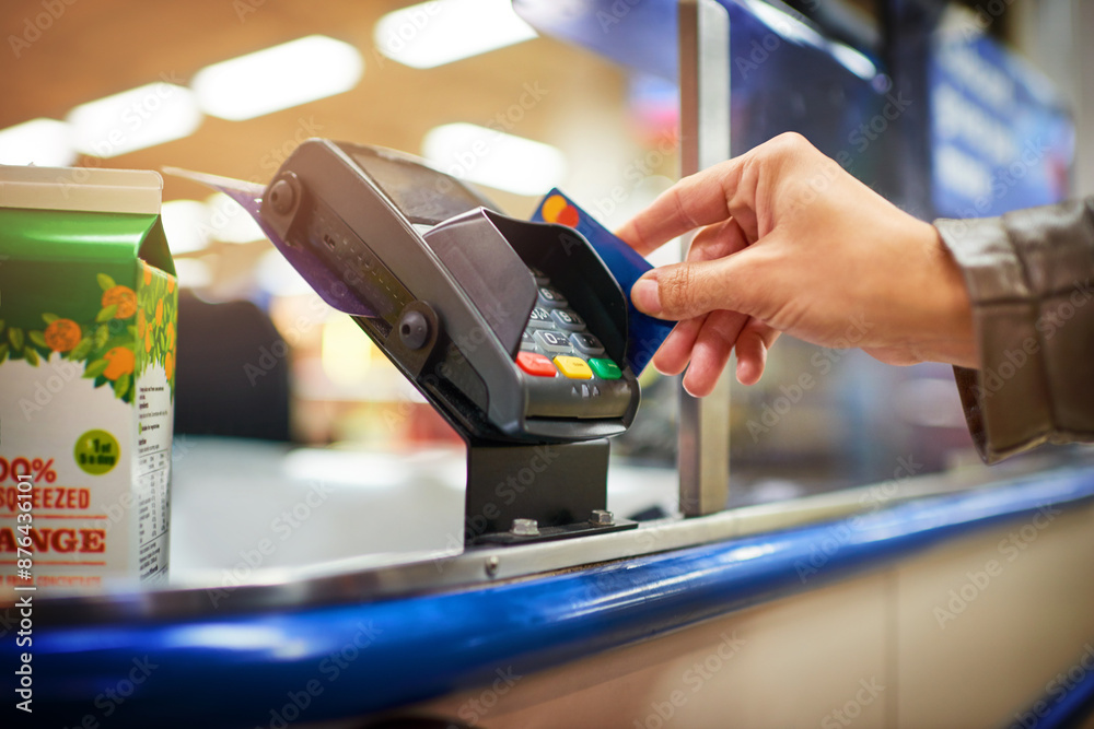 Hand, pos machine and credit card for fintech, swiping and account ...