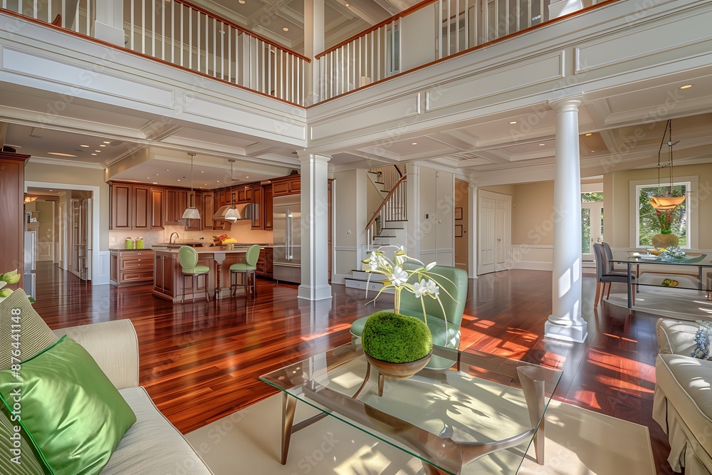 Elegant living room with hardwood floors, featuring a green throw ...