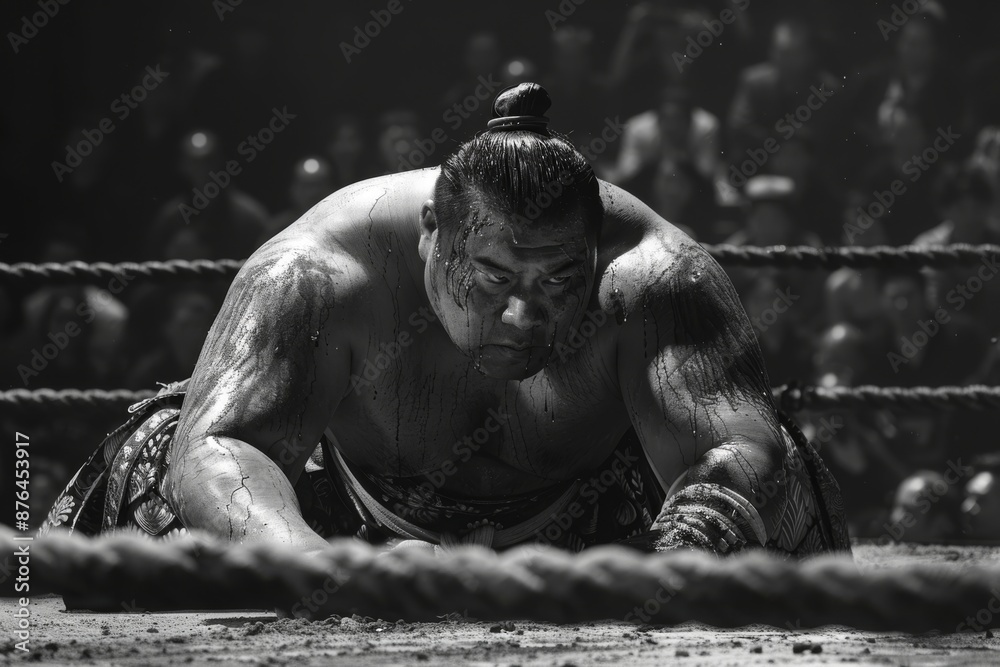 Sumo wrestler bowing in the ring. Black and white photography ...