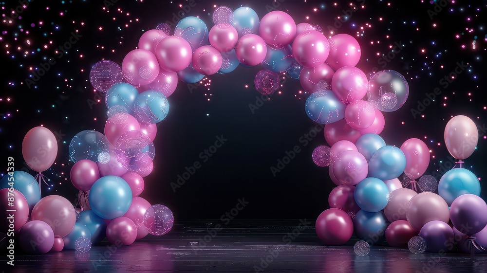 A vibrant balloon arch with neon outlines and futuristic holographic ...