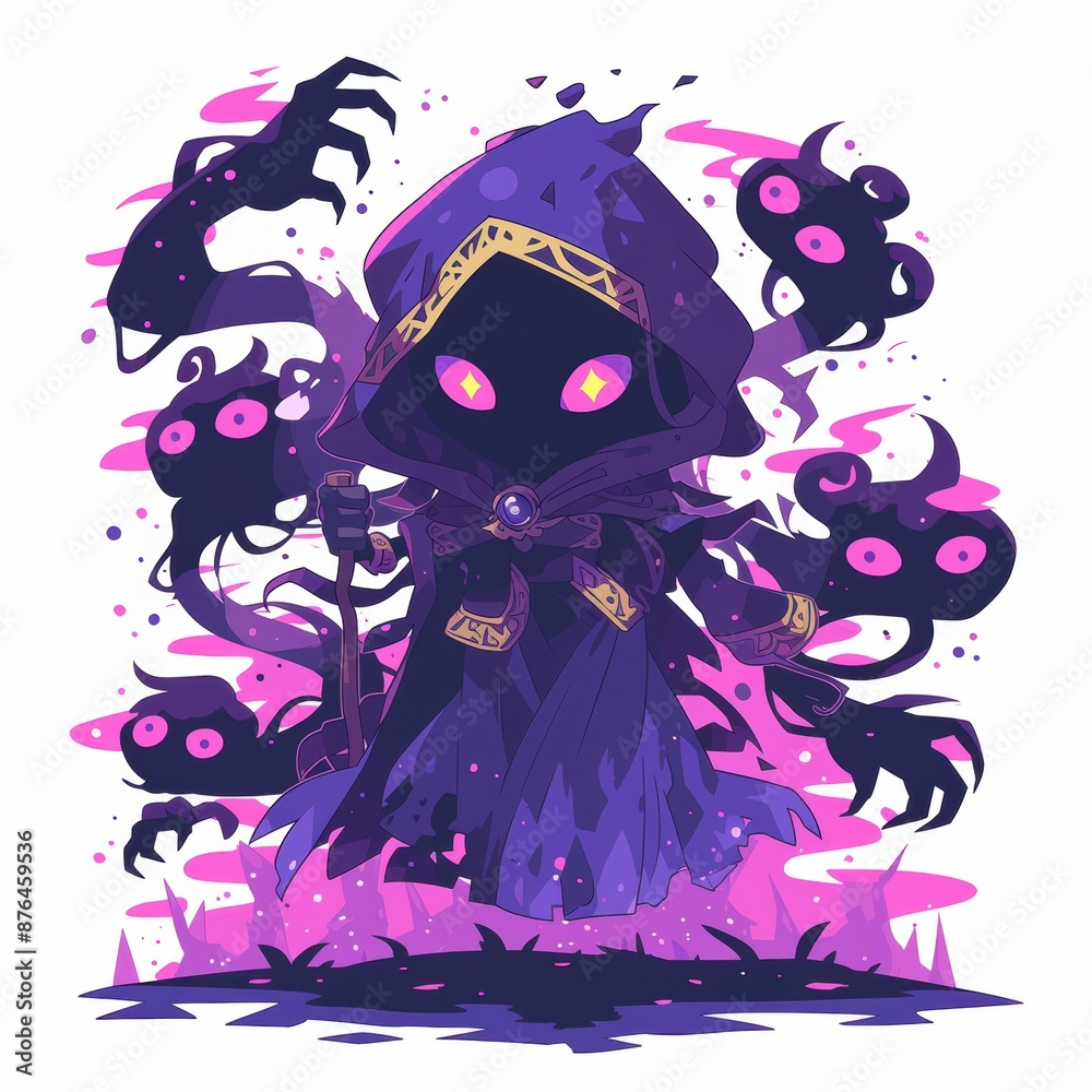 Cute Chibi Dark Magic User with Purple Eyes and Pet Ghost Minions Stock ...