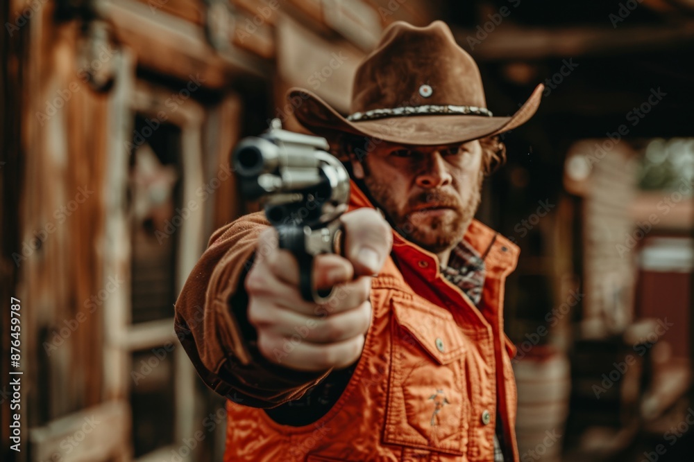Cowboy pointing gun in wild west setting, rugged style. Features ...