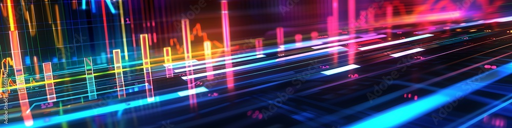 A digital bar chart with bright colors and sharp lines in an ultra-wide ...