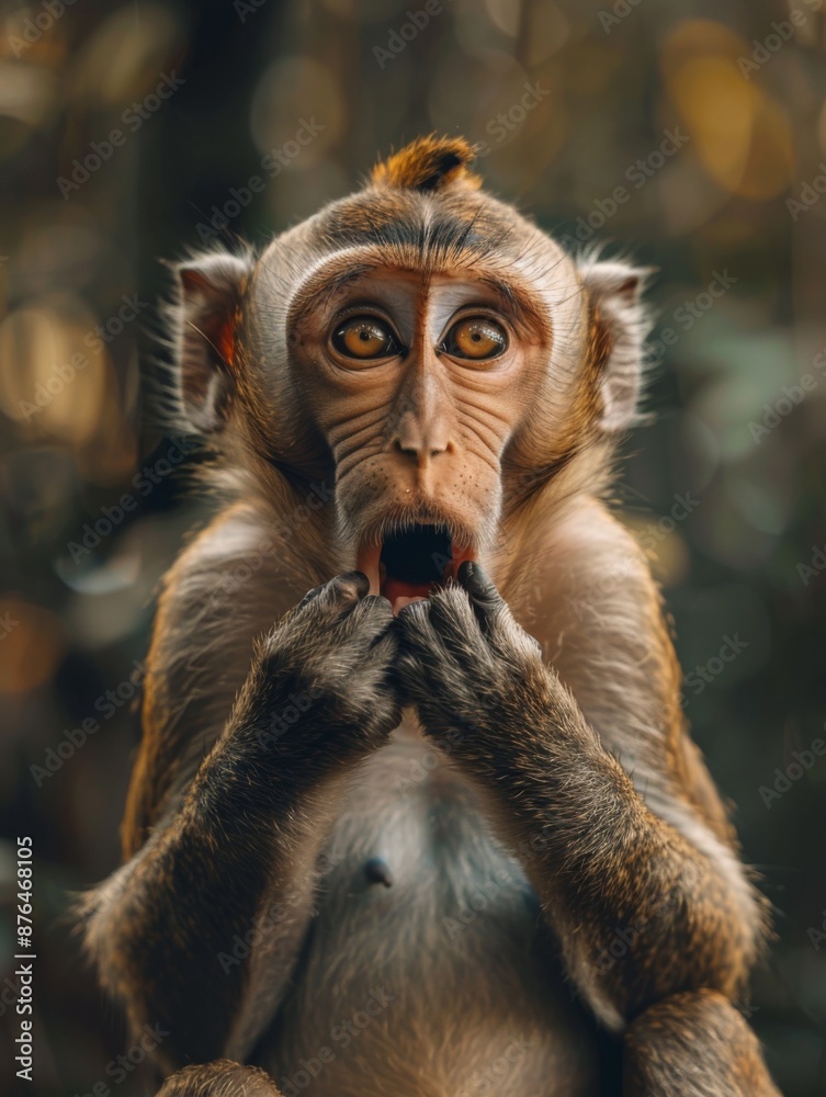 A very surprised and shocked monkey with its mouth open and paws touching its head. Funny ...