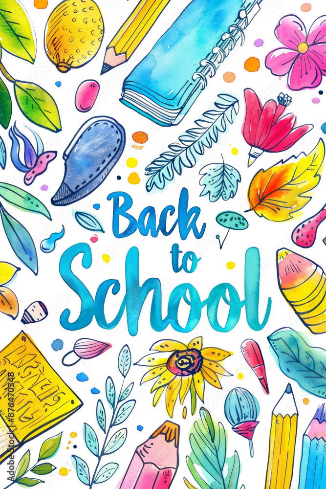 Watercolor painting with doodles of school supplies, featuring the text ...