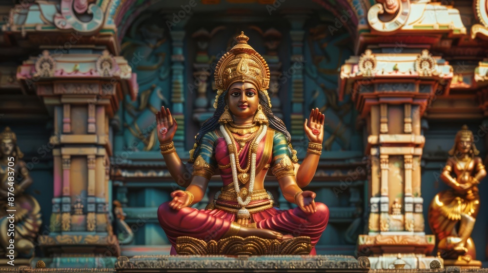 Lakshmi with traditional South Indian temple architecture, Goddess ...