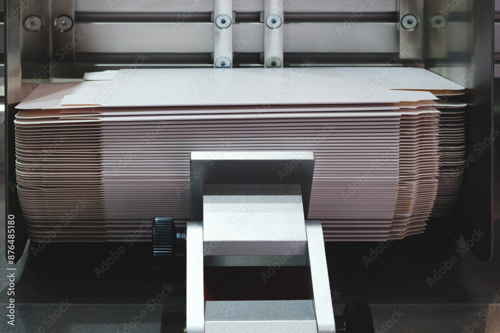 Elements of corton boxes are collected in stack. Conveyor line for the ...