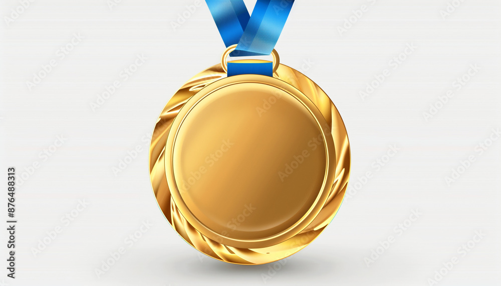 Gold medal with blue ribbon on white background symbol of victory and ...