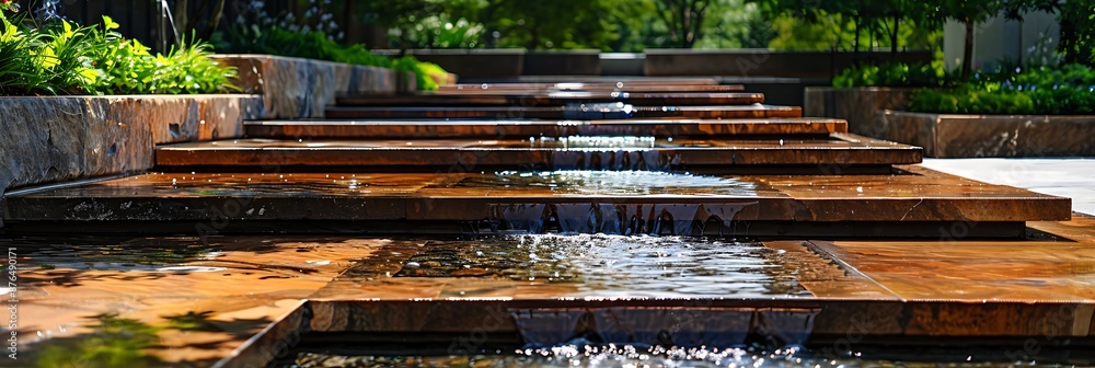 Cascading water feature flowing over polished stone steps in a ...
