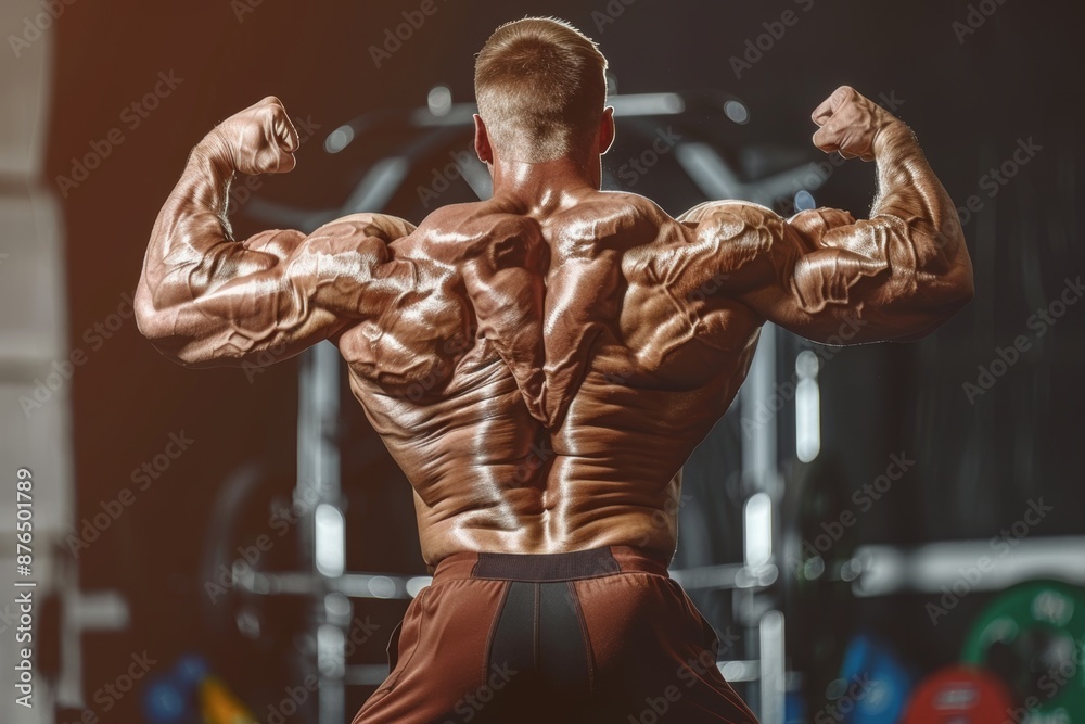 Bodybuilder athlete demonstrating back double biceps pose at ...