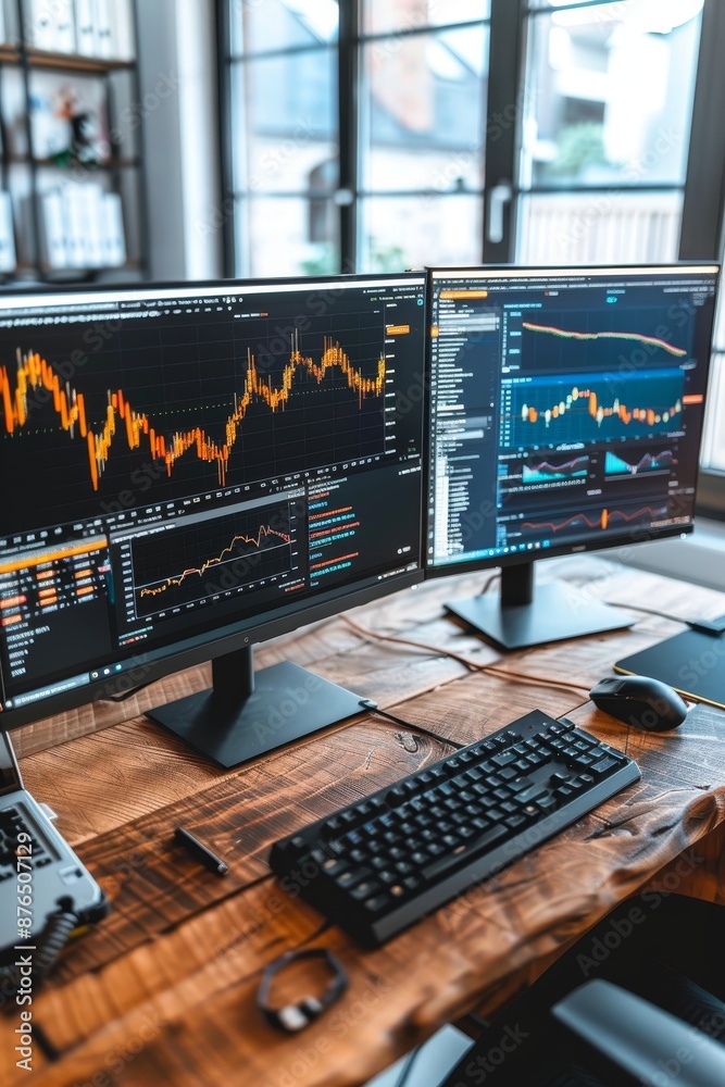 Dual monitor computer setup with keyboard and mouse placed on a modern ...