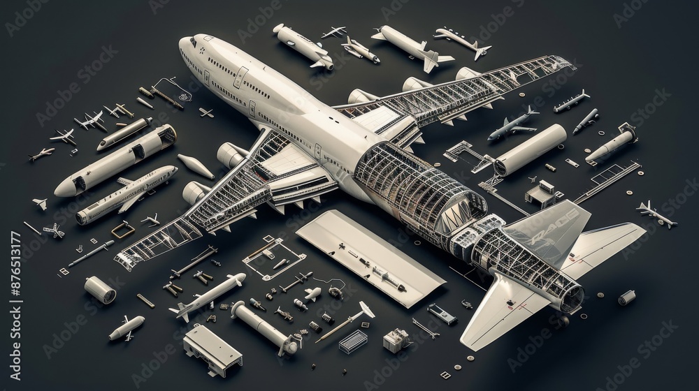 Exploded View: An exploded view of an airplane mockup, with various ...