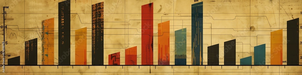 A vintage-style, ultra-wide bar graph with bold colors and textured ...