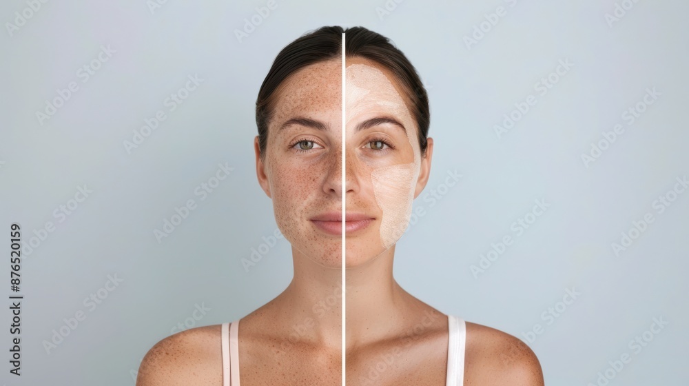 Comparison of a woman's face with and without makeup, highlighting ...