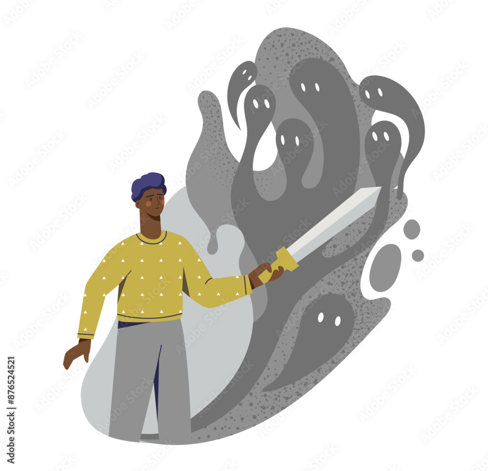 Man fight with fear. Young guy with sword fights with shadows. Negative ...