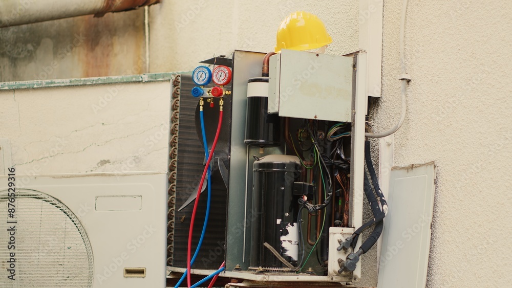 Defective outside air conditioner system with protection cover removed ...