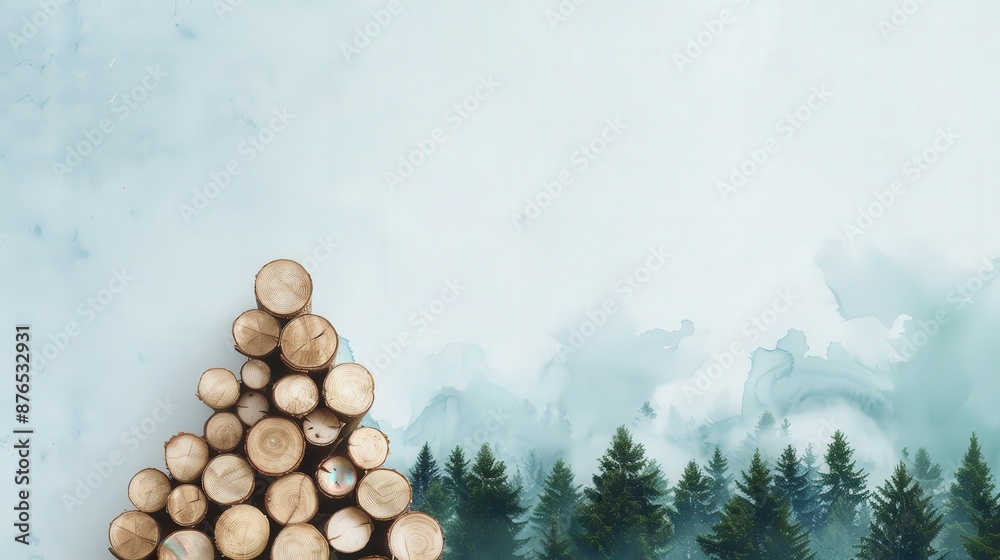 Stack of logs arranged in a triangular shape with a watercolor forest ...