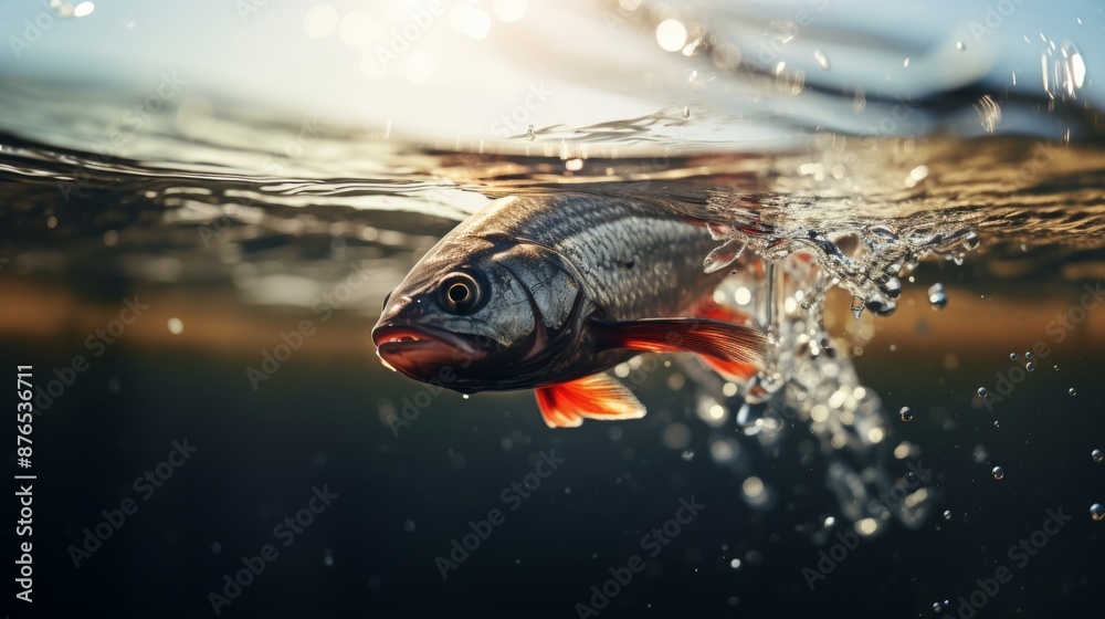 The drop falls below the water surface, it morphs into a small fish ...