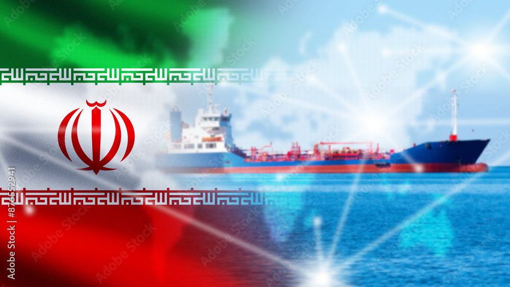 Cargo ship from Iran. Sea vessel. Flag Iranian republic. Iran trade ...